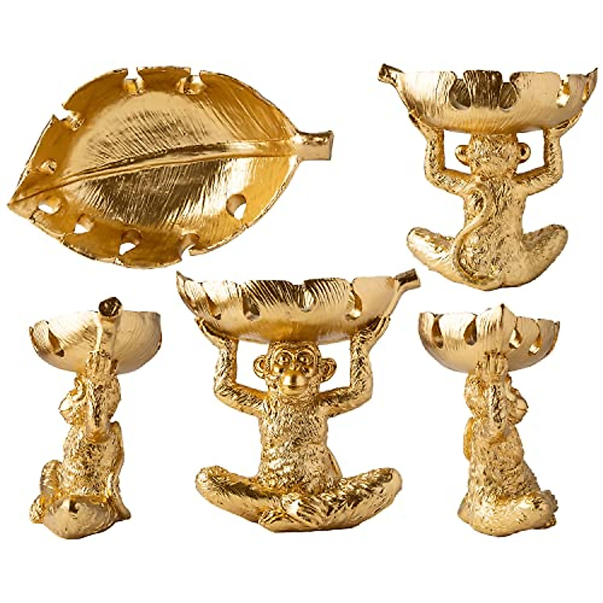 Adorable “Monkey” Candy Tray Made of Resin – Monkey Sculpture w/Split Leaf Dish for Snacks, Nuts, Candies & More – Decorative Holder w/Golden Finish for Keys or Jewelry – Ornament for Modern Decor