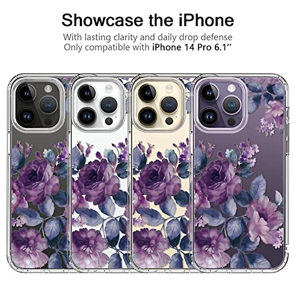 bicol Hybrid iPhone 14 Pro Case Clear Fashion Designs Phone Cover for Women Girls, Stylish Slim Shockproof Hard PC+TPU Bumper Flower Protective Phone Case for iPhone 14 Pro 6.1 inch Purple Flowers
