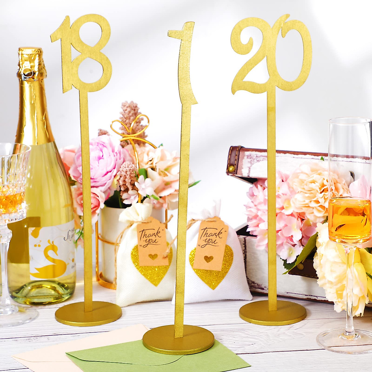 20 Pcs Table Numbers Wedding Table Numbers Wood Table Numbers for Wedding Reception Stands Seat Numbers with Holder Base Table Numbers for Wedding Party Event Catering, 1-20 (Gold)