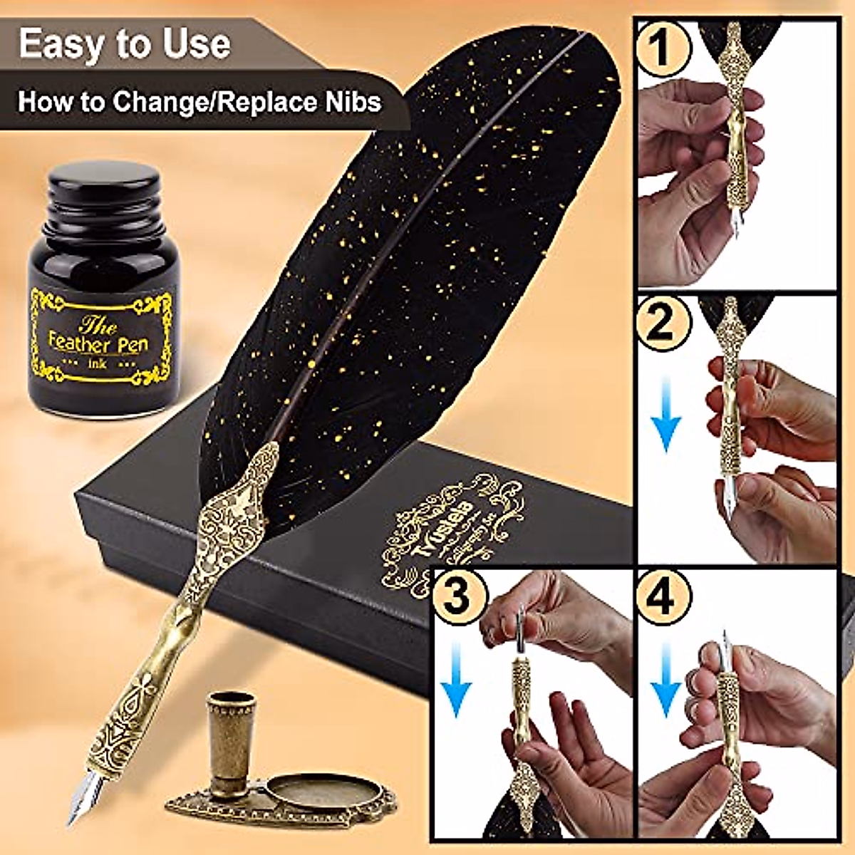 Trustela Calligraphy Pen Set, Feather Pen, Calligraphy Pen Set, Quill And Ink Set, Calligraphy Set For Beginners, Feather Pen And Ink Set, Quill Pen And Ink Set, Quill Pen (BlackFeather)