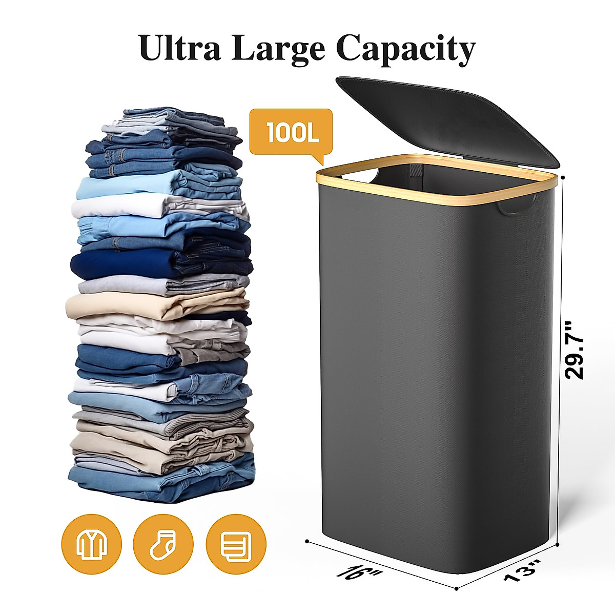 Foluck Large Laundry Hamper, 100L Waterproof Laundry Basket with Lid and Removable Bag, Collapsible Tall Clothes Hamper with Bamboo Handles for Clothes Toys in Dorm Bedroom Bathroom, Black