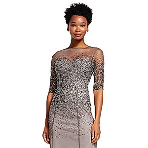 Adrianna Papell Women's 3/4 Sleeve Beaded Illusion Gown with Sweetheart Neckline, Lead, 14