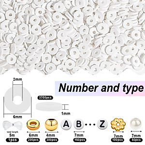 4500pcs White Clay Beads Kit for Bracelet Making Including 6mm Flat Polymer Clay Heishi Beads and Gold Bead Pearls Spacers Letter Beads for Jewelry Necklace Making