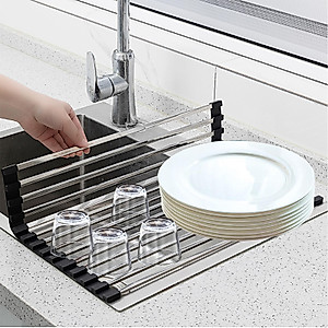 Roll Up Dish Drying Rack Over Sink Over The Sink Dish Drying Rack Kitchen Dish Drainer, Folding Dish Rack for Kitchen Sink Counter Stainless Steel Rectangular Tubing Mat Foldable Dish Dryer Racks