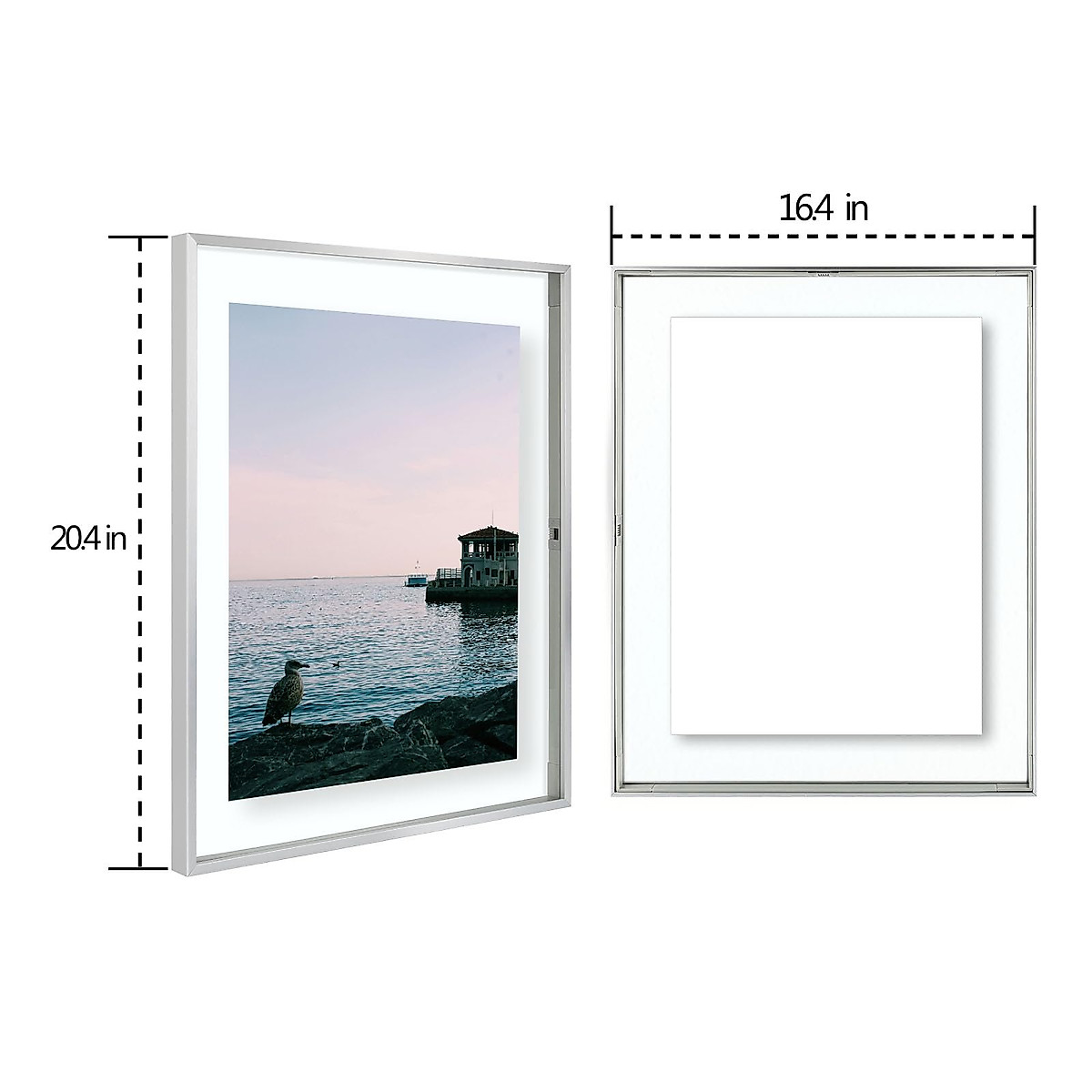 Golden State Art, 16x20 Floating Frame, Silver Aluminum Picture Frame, Clear Glass Displays Any Size Photo Up to 16x20, for Wall or Table Top Decoration