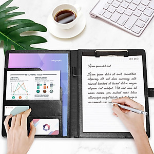 Clipboard Folder Padfolio, Business/Resume Portfolio Folder, Leather Padfolio Clipboard with Refillable Lined Notepad, Interview/Conference Document Portfolio Organizer for Women/Men, Black