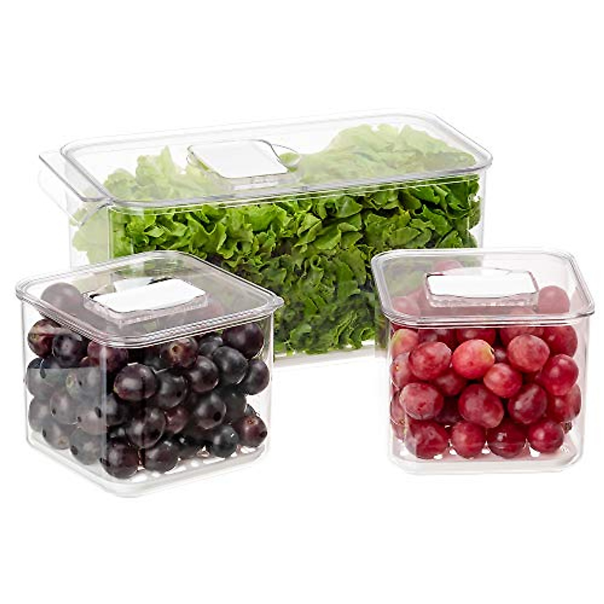 Redrubbit Fridge Food Storage Containers Bins Produce Saver with Vented Lids, Stackable Refrigerator Freezer Organizer with Removable Drain Tray, Fresh Keeper, 3 Pack