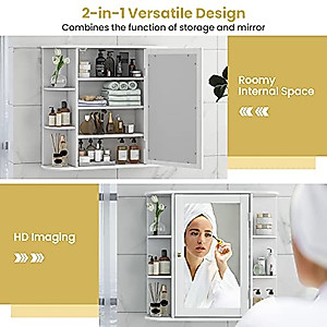 Tangkula Bathroom Medicine Cabinet with Mirror, Wall Mounted Bathroom Storage Cabinet with Mirror Door & 6 Open Shelves, Adjustable Shelves, Mirror Cabinet, Bathroom Wall Cabinet with Mirror (White)