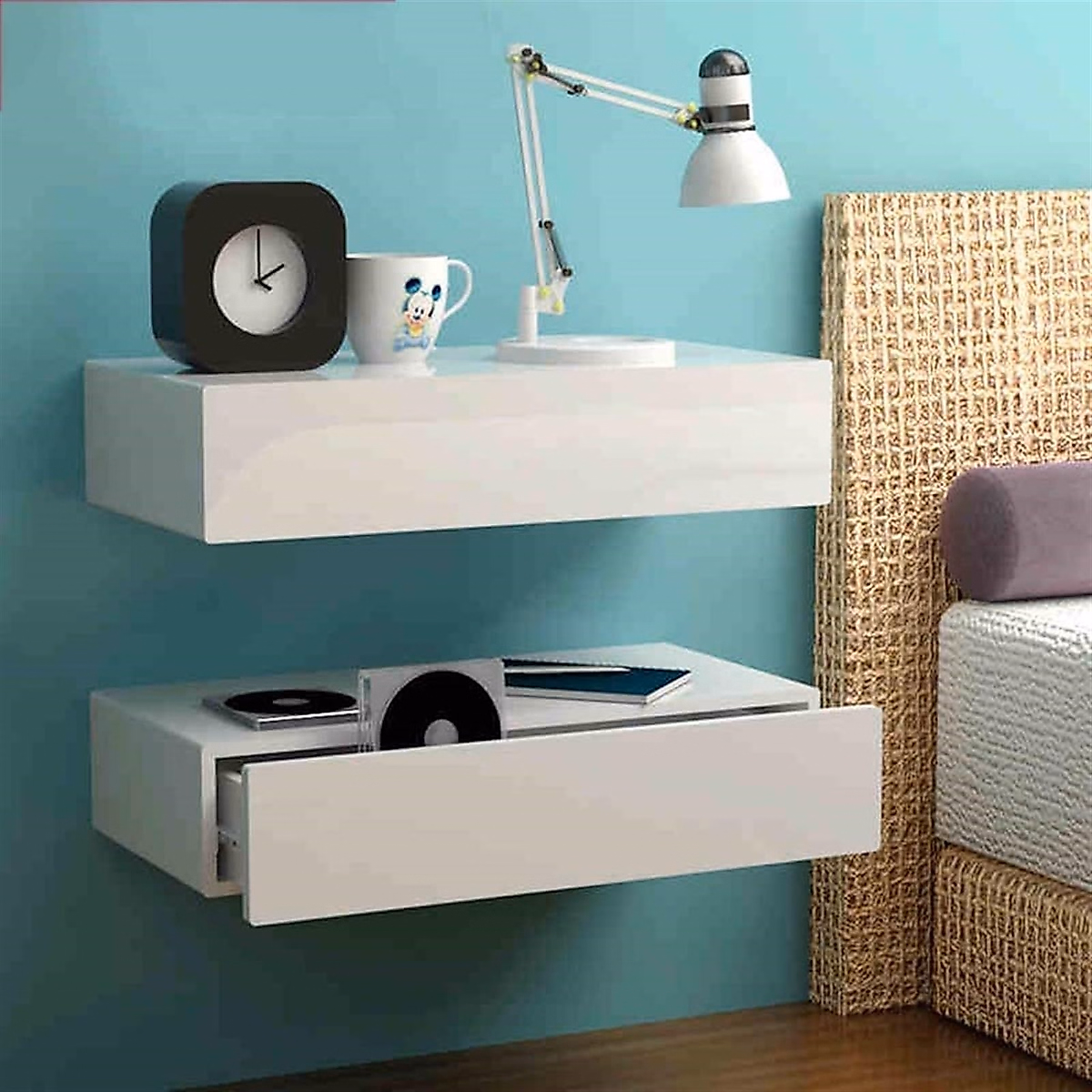Pennisetum Wall Mounted Floating Shelves Shelf with Drawers Bracket Storage Rack White Woody Drawer Storage Bedroom Dresser Nightstand Multifunction Simple Modern, Home Decoration