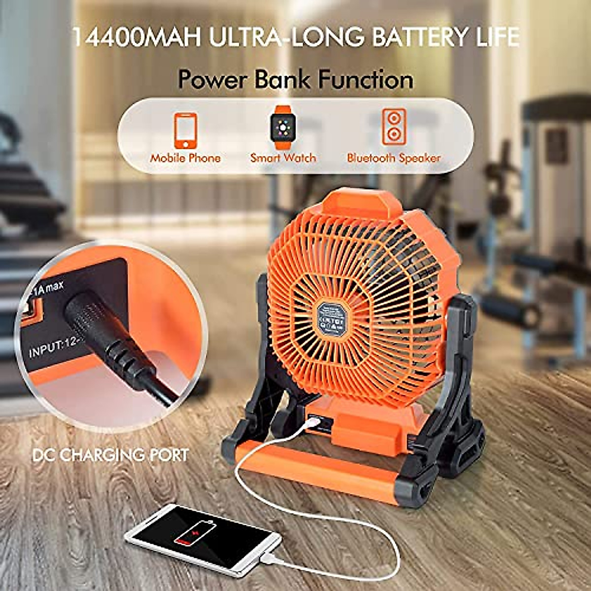 OTYTY Portable Fan Rechargeable, Cordless Fan for Jobsite & Industrial, 14400mAh Battery Operated Fan with LED Light, 3500CFM Strong Airflow, 270° Adjustable Quiet and Powerful Personal Fan