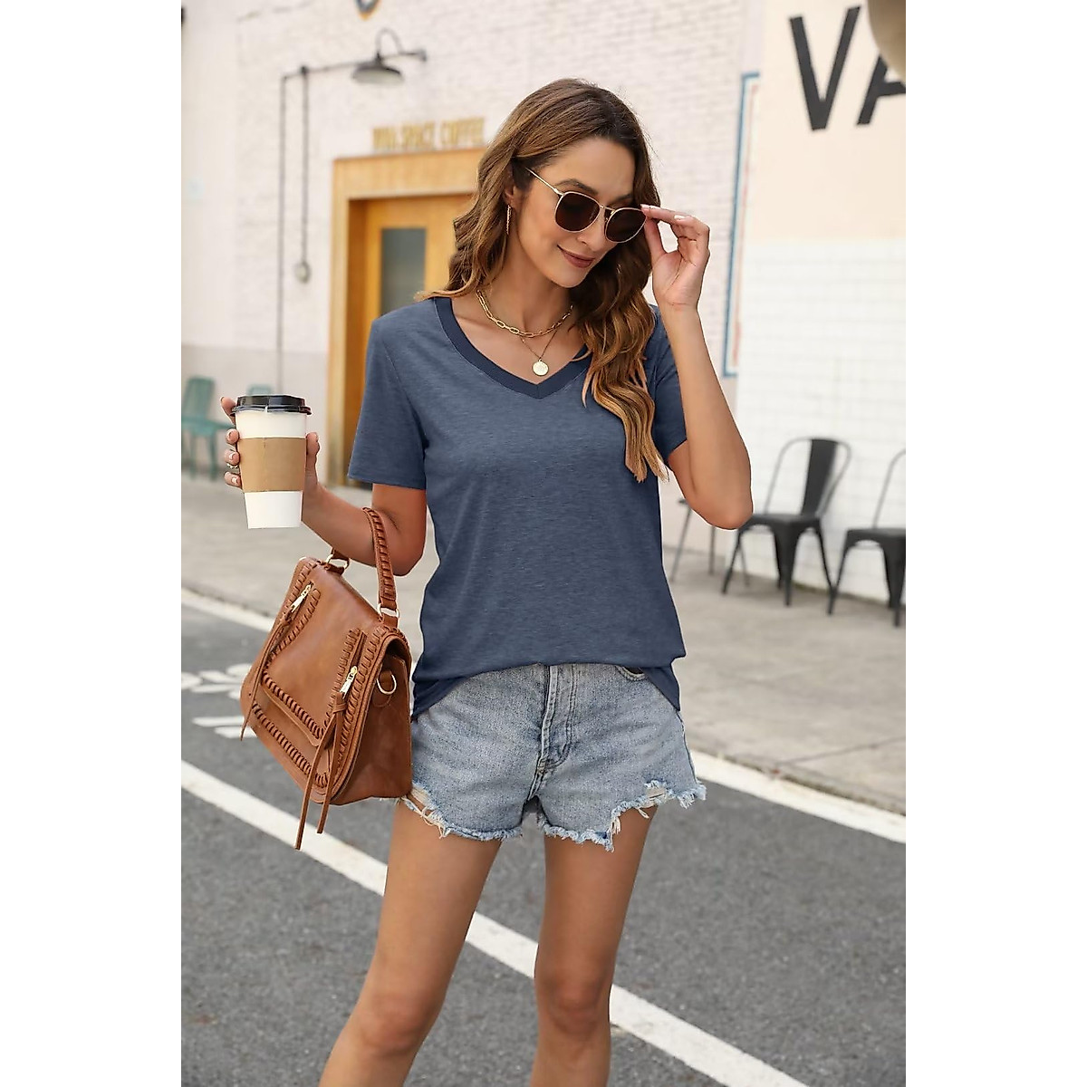 Ovanviso Women's V Neck T Shirt Summer Color Block Ribbed V Neck Short Sleeve Tunic Top Loose Fit Dark Blue