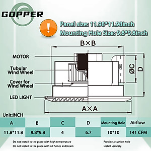 Gopper Bathroom Exhaust Fan with Light, Bathroom Fan with 12W 6000K LED Light Combo, 141CFM 1.0Sones Low Noise Bathroom Ventilation Fan for Home/Bath/Office/Hotel (12INCH)
