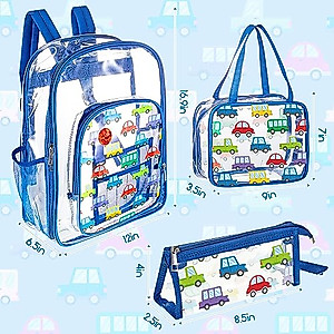 Eccliy Clear Backpack Stadium Approved Backpack 3 School Backpack for Girls Boys Christmas Clear Backpack Girls Boys Backpack (Blue, Car)
