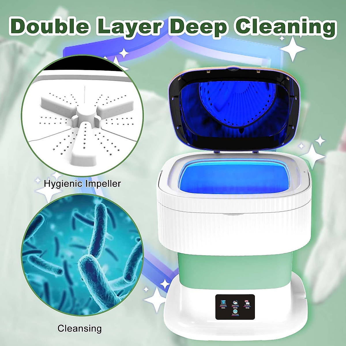 Mini Washing Machine, Portable Foldable Washer, 11L Large Capacity Upgrade Model, Small Collapsible Compact Laundry Washer and spin dryer, Apartment, Dorm, Rv, Socks, Underwear, Baby Clothes (Green)