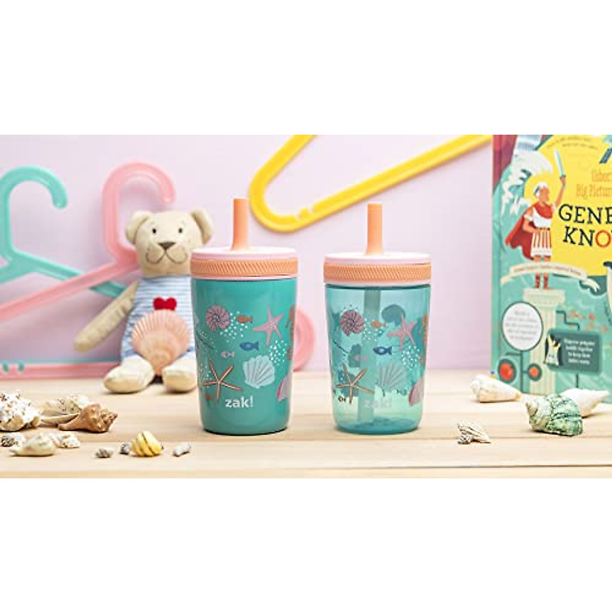 Zak Designs Shells Kelso Tumbler Set, Leak-Proof Screw-On Lid with Straw, Bundle for Kids Includes Plastic and Stainless Steel Cups with Bonus Sipper (3pc Set, Non-BPA) 15 fl.oz.