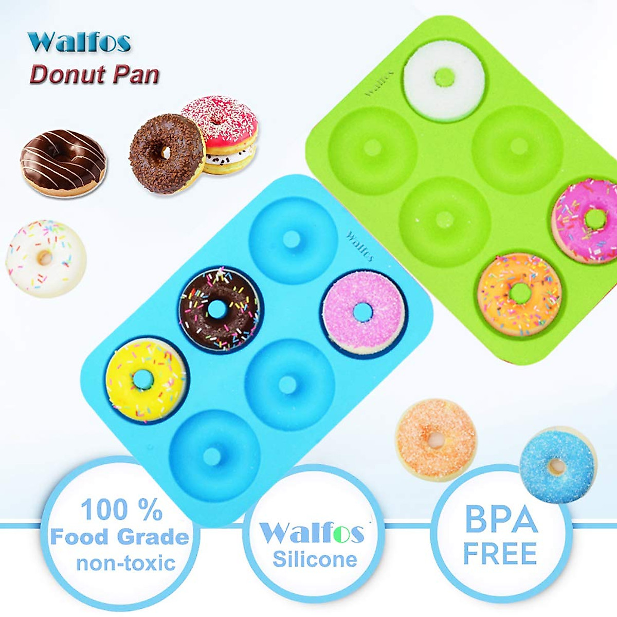 Walfos Silicone Donut Mold - Non-Stick Silicone Doughnut Pan Set, Just Pop Out! Heat Resistant, Make Perfect Donut Cake Biscuit Bagels, BPA FREE and Dishwasher Safe, Set of 3