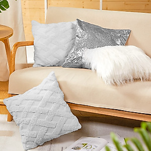 Frienda 6 Pcs Sequin Throw Pillow Covers and Fluffy Pillow Cases Plush Short Wool Velvet Decorative Throw Pillow Covers Faux Fur Throw Pillow Covers for Couch Bed 18 x 18 Inch (Grey, Silver, White)