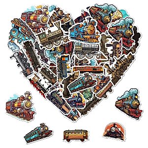50 Pack Pcs Vintage Train Stickers for Water Bottles Waterproof Vinyl Laptop Luggage Scrapbooking Transportation Sticker Packs Bulk Set Adults Teens Boys Aesthetic Small Decals