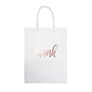 12 Pack Thank You Gift Bags - Elegant Paper Gift Bags With ‘’Thank You’’ Embossed In Rose Gold Foil Letters - Perfect For Birthday Party, Wedding Party, Paper Favor Bags 4"x 7"x 9" Inches - White