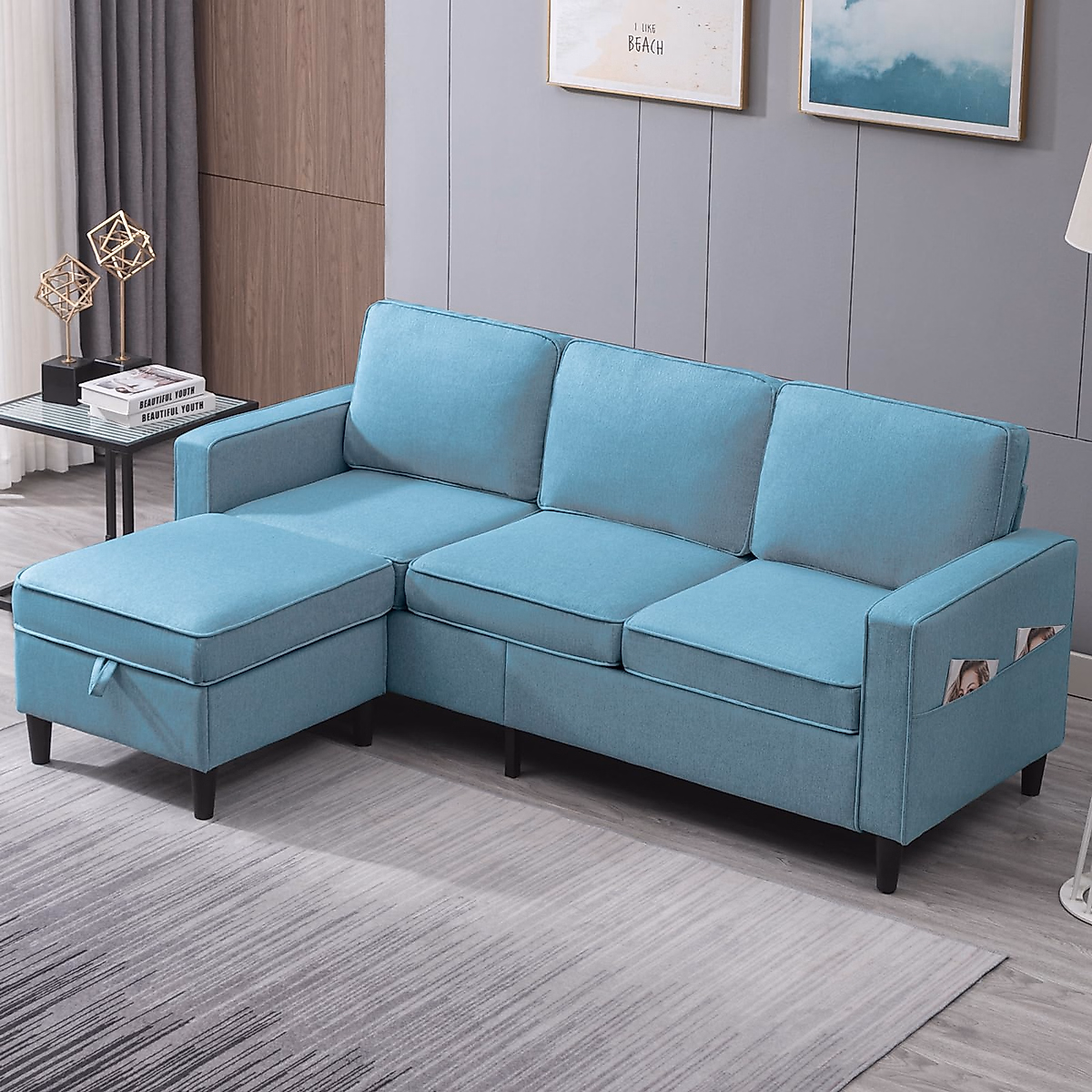 PUREMIND 78 Inches Convertible Sectional Sofa, Linen L-Shaped Sofa Couch with Reversible Storage Ottoman, Wooden Legs, 3-Seat Sectional Couches for Small Space, Apartment, Office (Blue)…