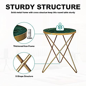 Modern Round Side Table, End Table with Marble Effect Top and Gold Metal Frame, Small Side Table for Living Room, Bedroom, Sofa and Couch, Gold Legs, Green Marble top