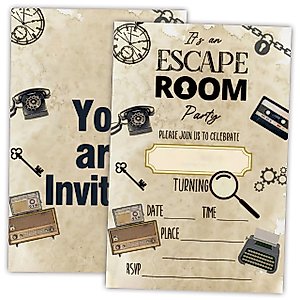 AWSICE Rustic Escape Room Birthday Invitations, Double-Sided Vintage Fill in Invite Cards for Birthday Party, 20 Invitations with Envelopes, Decorations,Party Favor and Supply-A31