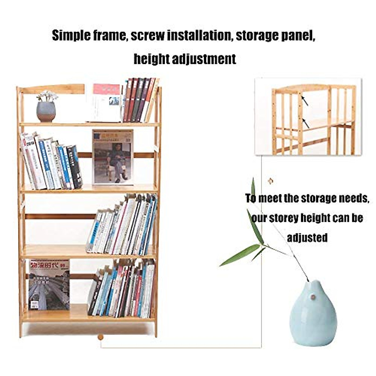 HTLLT Storage Shelf Floating Shelf Bamboo Book Shelf Storage Shelf, Height Adjustable, Kitchen Independent Storage Shelf Plant Shelf,4-Tier,4-Tier