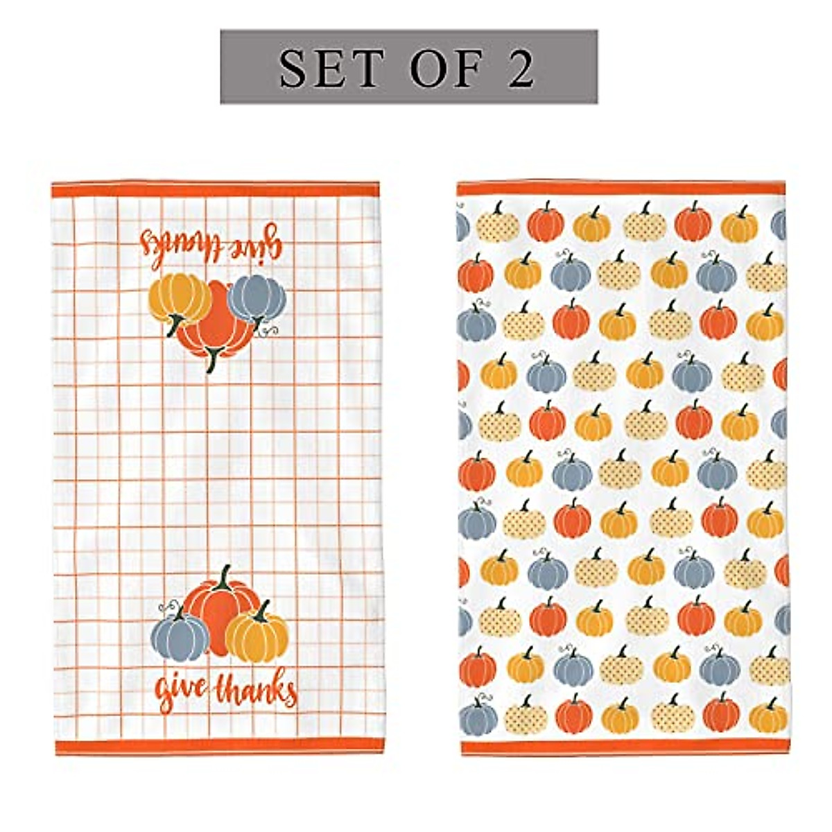 ENOZOUS Fall Kitchen Towels Set of 2, Thanksgiving Harvest Dish Towel Soft Pumpkins Plaid Tea Towel Large Size Hand Towel for Bathroom 18x28 Inch