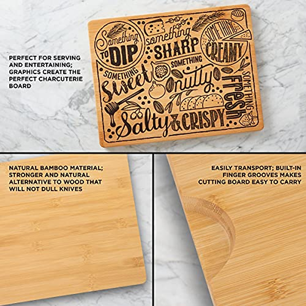 Sabatier Charcuterie Board with Recessed Handles, Reversible Kitchen Cutting Board for Entertaining and Meal Prep, Decorative Wood Cheese Board, Perfect Housewarming Gift, 11-inch x 14-Inch, Bamboo