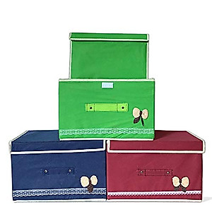 Collapsible Storage Boxes 3-Pack- Bins with Lid and Handle – Assorted Colored Containers with Lids for Toys Documents Clothes Shoes Blankets Papers Etc.