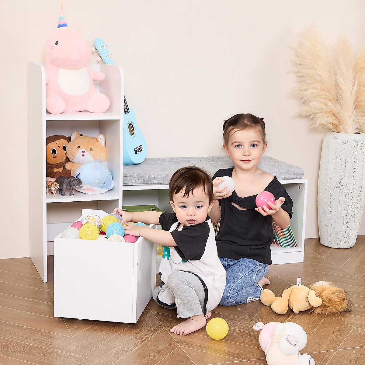 LEZASTAR Kids Reading Nook with Storage, Kids Bookshelf with Bench, Wooden Kids Toy Storage Organizer, Kids Bookcase with Seat Cushion for Bedroom, Playroom, Nursery, White