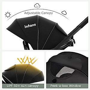 INFANS 2 in 1 Baby Stroller, High Landscape Infant Stroller & Reversible Bassinet Pram, Foldable Pushchair with Adjustable Canopy, Storage Basket, Cup Holder, Suspension Wheels (Black)