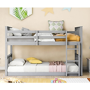 Merax Kids Bunk Bed Twin Over Twin, Wood Low Floor Bunkbed with Stairs Guardrail for Boys, Girls, Toddlers, No Box Spring Required, Grey