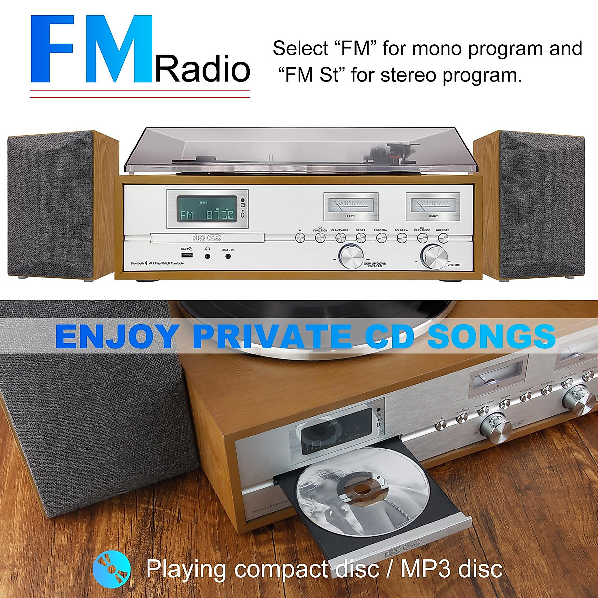 LUXSWAY Vinyl Record Player with Romote Control CD Player with LCD Display Encoding with Bluetooth All-in-One Player Variable Pitch