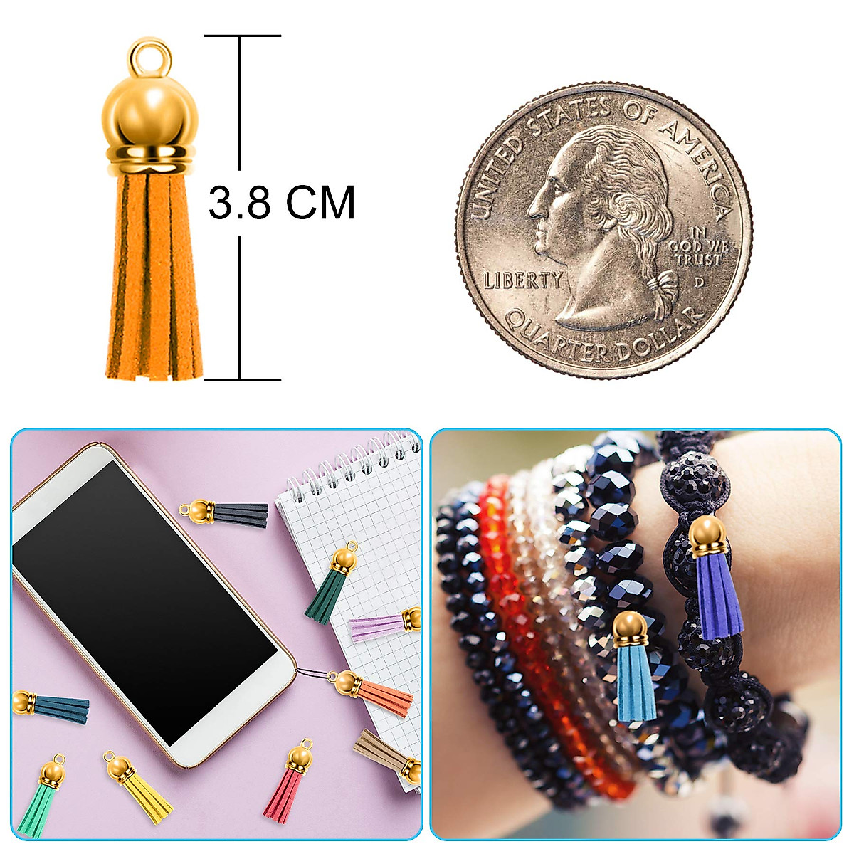 Duufin 200 Pieces Keychain Tassels Bulk Leather Tassel Colored Tassel Pendants for DIY Keychain and Craft, 40 Colors (Gold Cap)