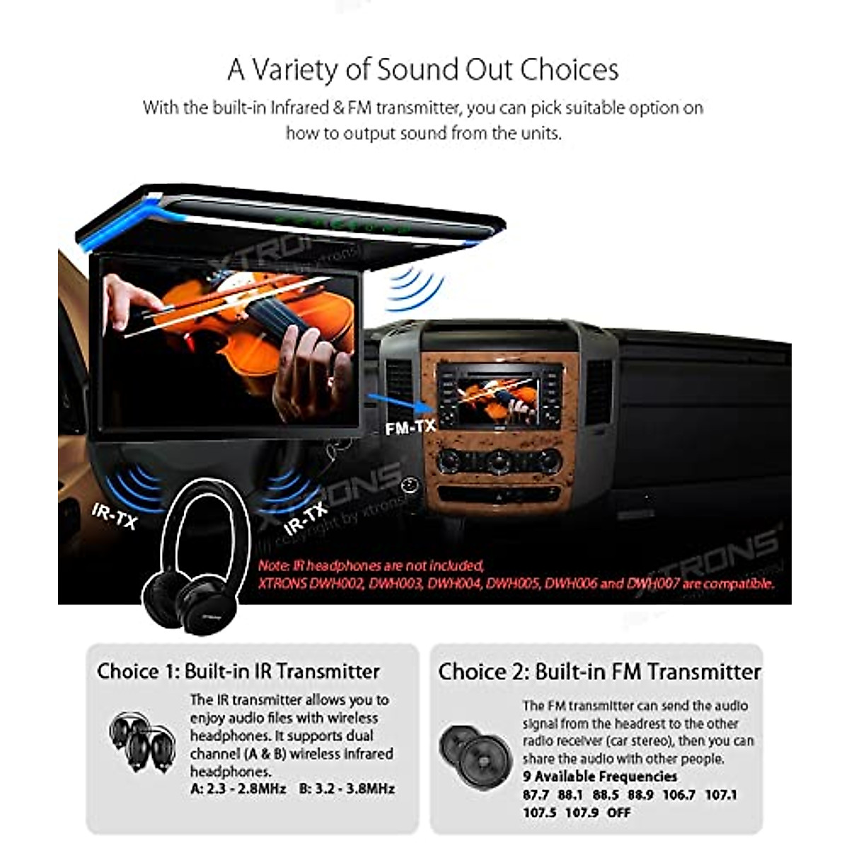 XTRONS® 17.3 Inch 16:9 Ultra-Thin FHD Digital TFT Screen 1080P Video Car Overhead Player Roof Mounted Monitor HDMI Port 1920 * 1080 Full High Definition with New Version Black IR Headphones (No DVD)