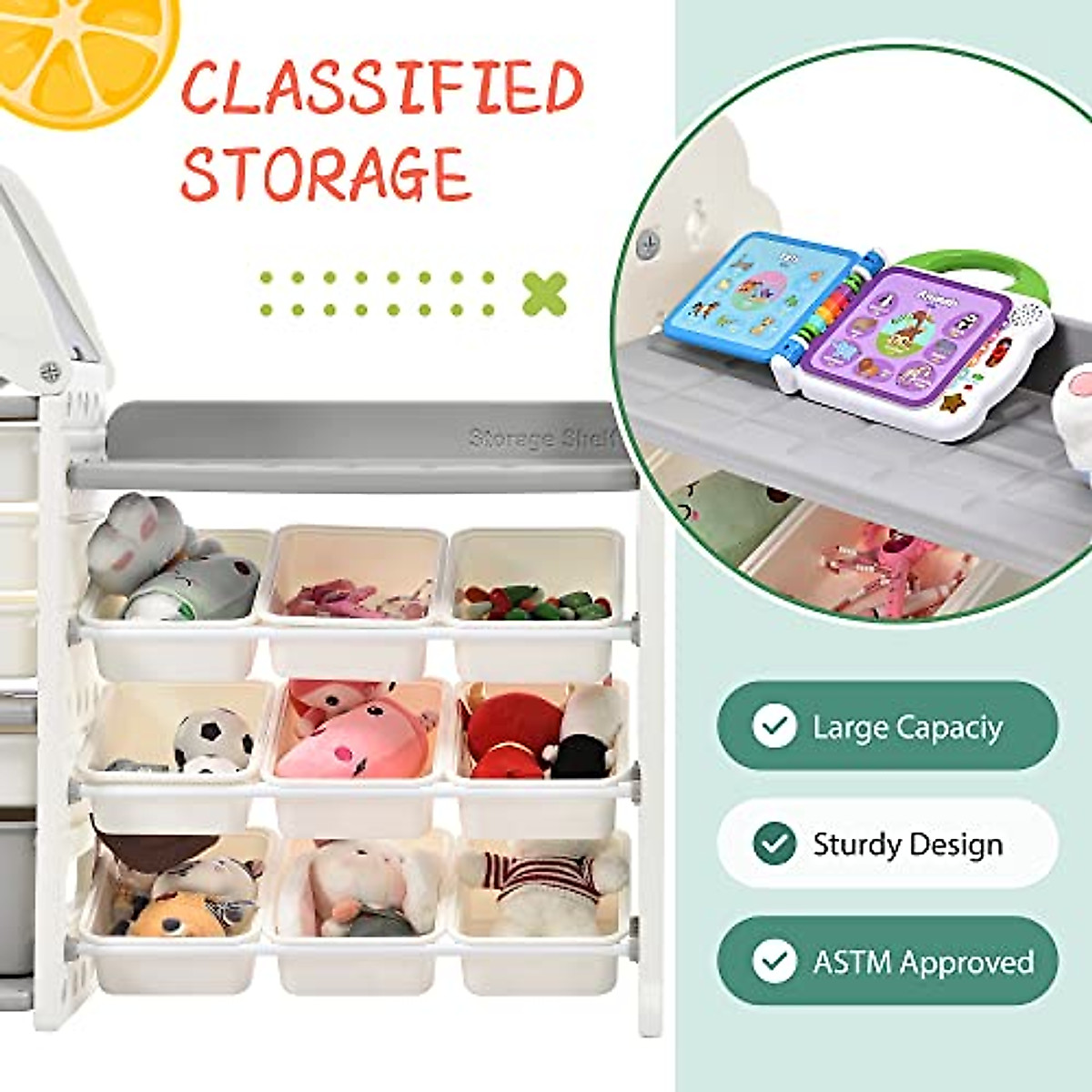 Toy Storage Organizer with 14 Bins, Multi-functional Nursery Toy Shelf, Kids Toy Chest for Boys&Girls with HDPE Shelf and Bins for Playroom, Bedroom, Living Room, Gray