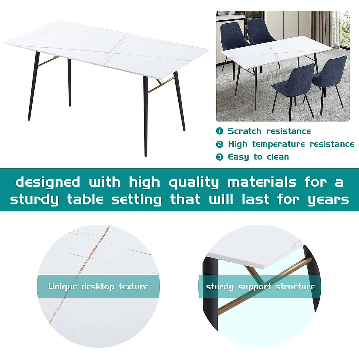 kevinplus 70'' Dining Table, Slate Kitchen Dining Table with Sintered Stone Top Surface, Modern Mid-Century Rectangular Conference Table for Office, Living Room Dinner Table, Metal Legs, White & Gold