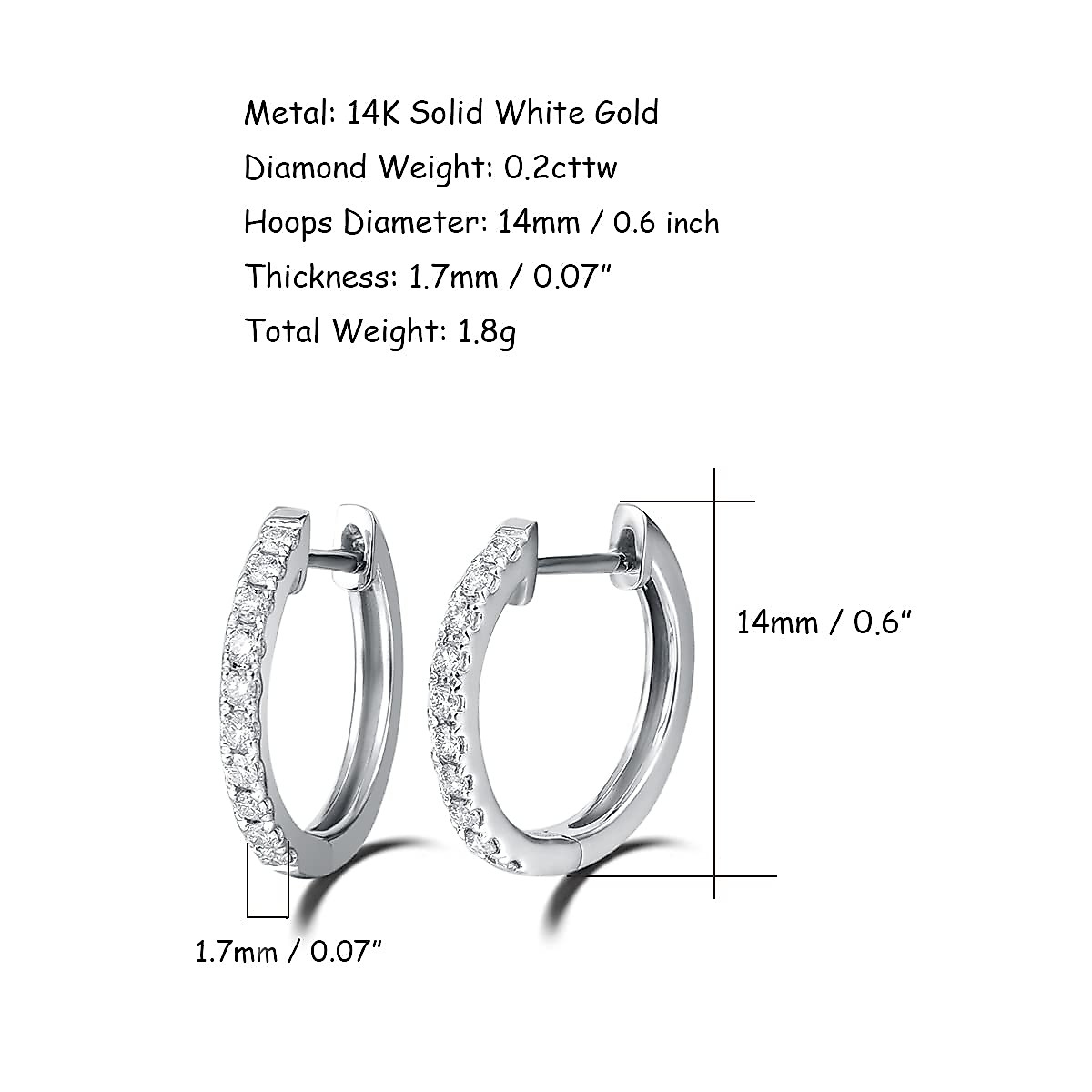 Carleen 14K Solid White Gold 0.2cttw Diamond Hoop Earrings Round Cut Small Tiny Cute Huggie Hinged Cartilage Hoop Earrings Fine Jewelry For Women, Diameter 3/5 inch (Color I-J,Clarity SI)