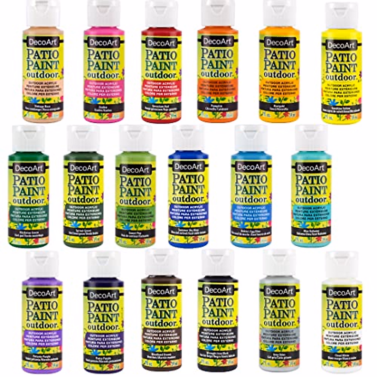 DecoArt ACRYLIC PATIO PAINT FAN FAVORITES SAMPLER SET, Assortment, 2 Fl Oz (Pack of 18)