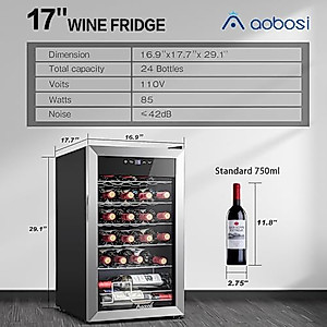 AAOBOSI Wine Fridge, 24 Bottle Wine Cooler 46-66℉ Beverage Wine Refrigerator, Glass Door Free Standing Mini Wine Cellar with Adjustable Shelves and Temperature Memory for Bar, Home, Condo