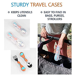 Kids Utensils Toddler Silverware Set x 3 - Stainless Steel Fork Spoon with Travel Case. Metal Cutlery for 1 2 3 4 years old Baby Boy Girl, Round Handle for Lunch-Box, 6 Pieces Orange Blue