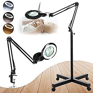 (New Upgrade) 10X Magnifying Floor Lamp with Clamp and 4 Wheel Rolling Base, HITTI 2200 LM LED 3 Color Dimmable Magnifying Glass with Light, Adjustable Arm Lighted Magnifier for Craft, Esthetican