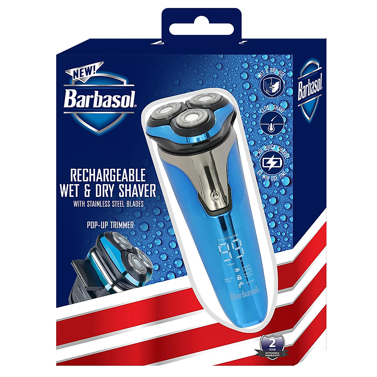 Barbasol Rechargeable Electric Wet and Dry Rotary Shaver with Stainless Steel Blades, Pop Up Trimmer and LCD Screen