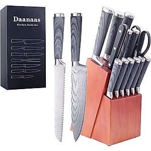 Daanaas Knife Set with Wooden Block and Sharpener 16 Pieces,Kitchen Knives Sets Full Stainless Steel,Professional Chef Knife Sets with Steak Knives Knofe Set (grey)