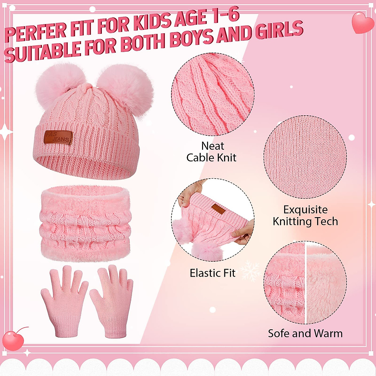 2 Set Kids Winter Hat Scarf Gloves Set Warm Toddler Knit Beanies Gloves Neck Warmer Set for Boys Children Girls (White, Pink)