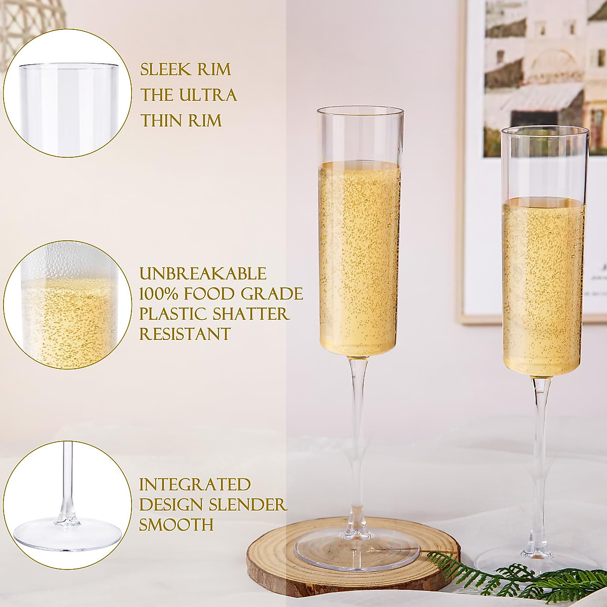 Ciaell 24 Pack Plastic Champagne Flutes - Clear 6 Oz Disposable Champagne Glasses - Square Plastic Toasting Glasses for Party Birthday Anniversary Wedding