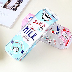 Pack of 2 Cute Pencil Case Box Leather Pencil Holder Pen Pouch Stationery Organizer Cosmetic Bag with Zipper (Blue and Pink Milk) (pinkblue) (Milk2)