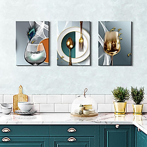 Canvas Wall Art for Dining Room Kitchen Wall Decor Teal Gold Wine Glass Pictures Abstract Wine Cups Paintings Geometric Kitchenware Posters Modern Home Decorations Family Bar Pub Artwork 12x16" 3 Pcs