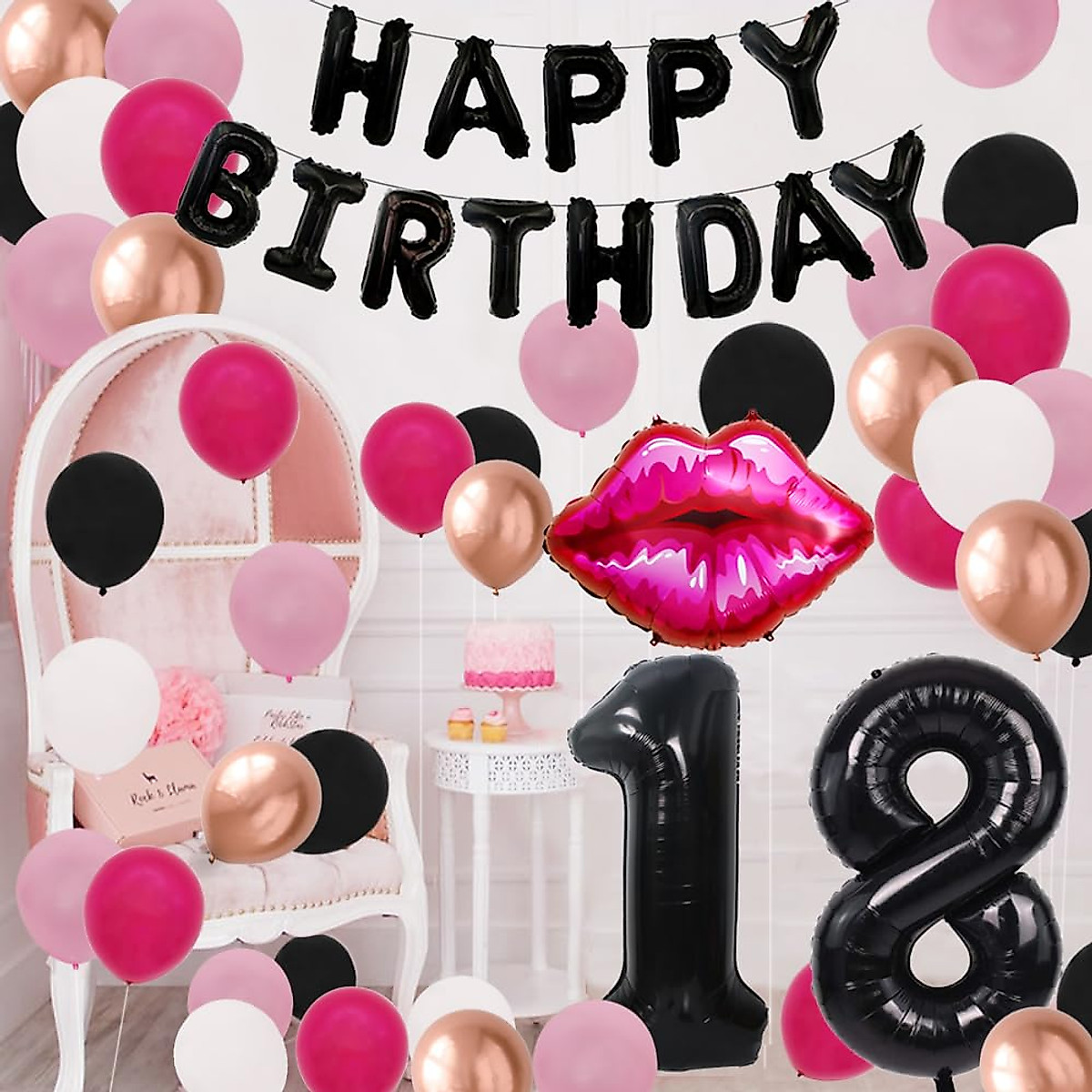 Dreamy Space 18th Birthday Decorations, Pink Black Rose Gold, Happy Banner, 18 Balloon Numbers, Women Party Decor, Girls Bday Decorations
